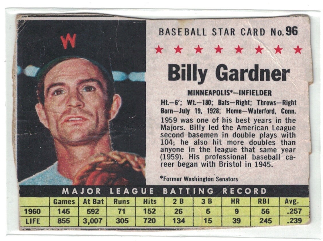 1961 Post #96, Billy Gardner, Minnesota Twins, Box, Poorly Cut | eBay