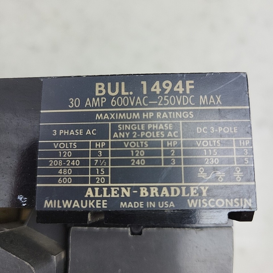 Allen Bradley 1494F Disconnect Switch 60 Amp 600 Vac 250 Vdc *USED | eBay