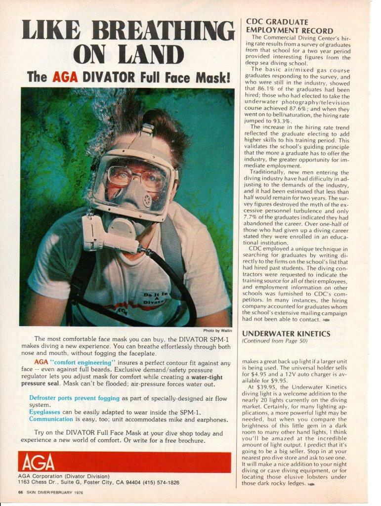 1976 AGA PRINT AD Vintage Scuba Diving Divator Full Face Mask | eBay