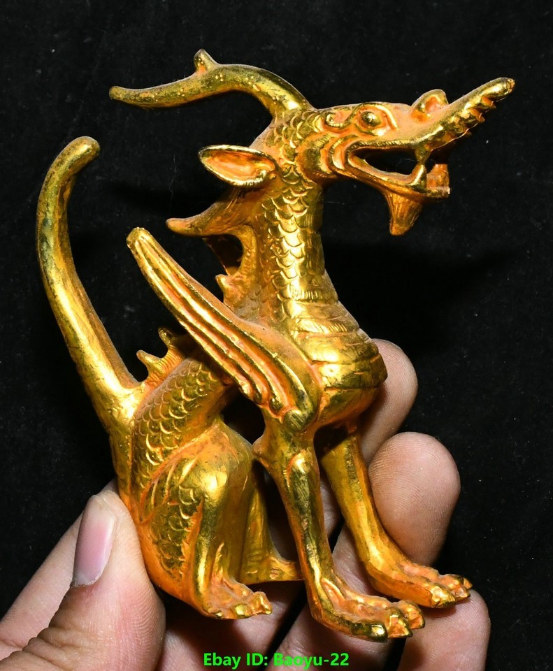 4.1''Old Chinese Dynasty Bronze Gilt Dragon Loong Beast Statue ...