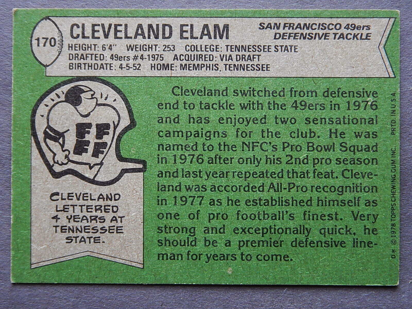 Cleveland Elam #170 Topps 1978 Football Card (San Francisco 49ers) *G ...