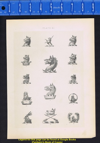 1892 Great Britain & Ireland Heraldry Family Crests #41-Wild Boar Heads ...