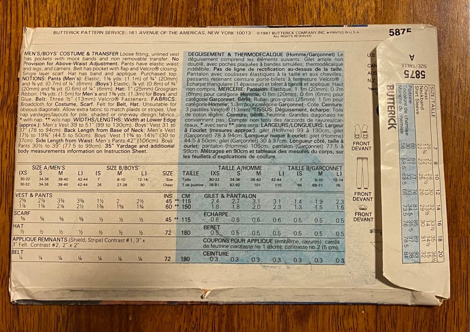 Vintage 80’s Butterick Pattern # 5875 GI Joe Costume Sizes Mens XS-LG ...