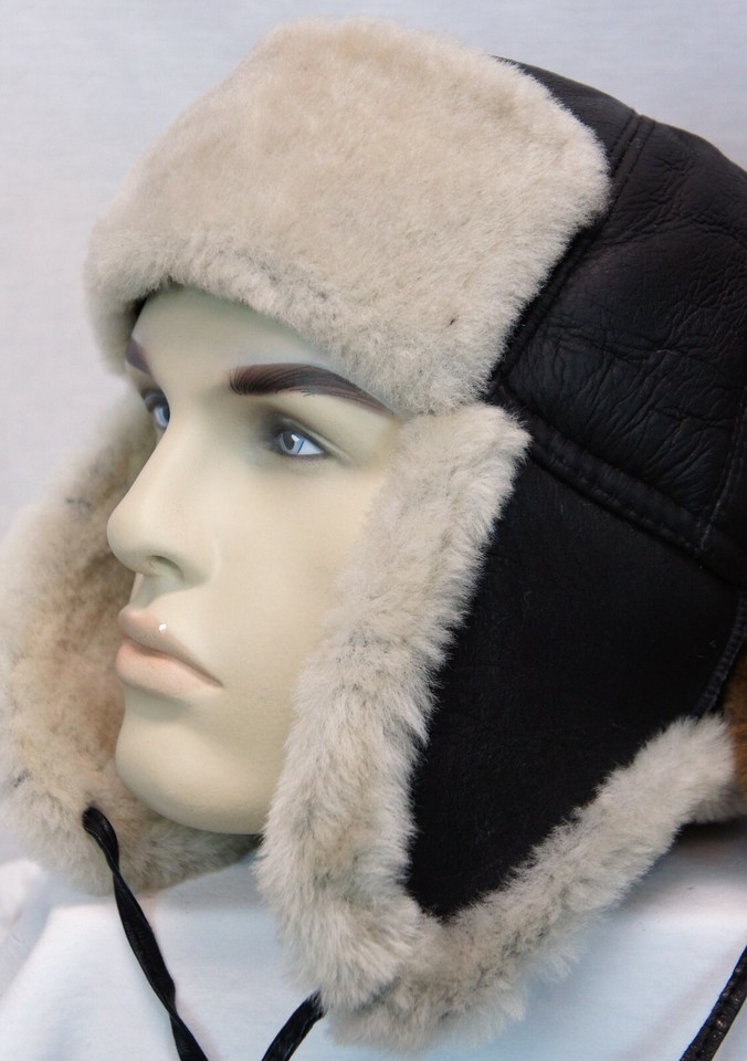 Real Sheepskin Shearling Leather Winter Trapper Ushanka Hunting Fur Hat ...