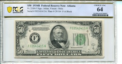 FR 2104-F 1934B $50 FEDERAL RESERVE NOTE PMG 64 CHOICE UNC *** RARE ...