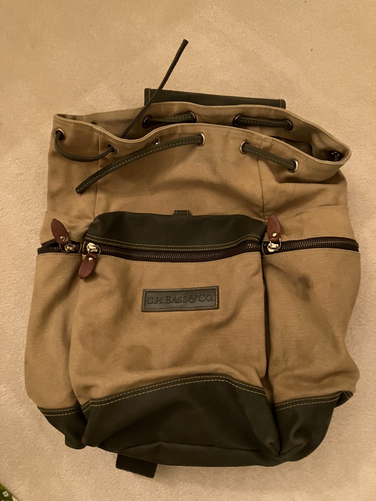 G.H.Bass &Co. canvas backpack hook/ drawstring opening &3 zippered ...