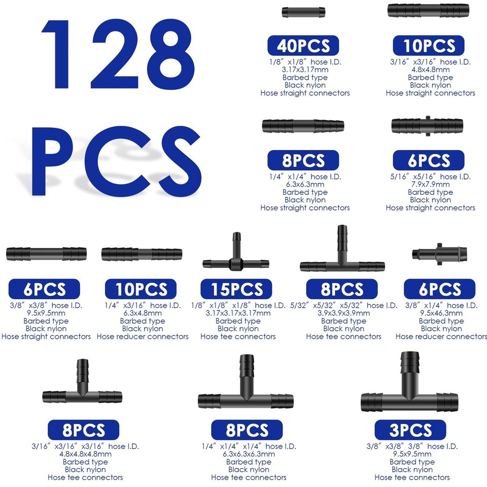 128Pcs Vacuum Connector Assortment Plastic Hose Joiner Tee Water Spray ...