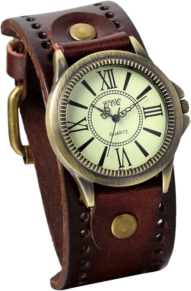 Vintage Wrist Watch Wide Leather Strap Band Cuff Quartz Watches for Men ...