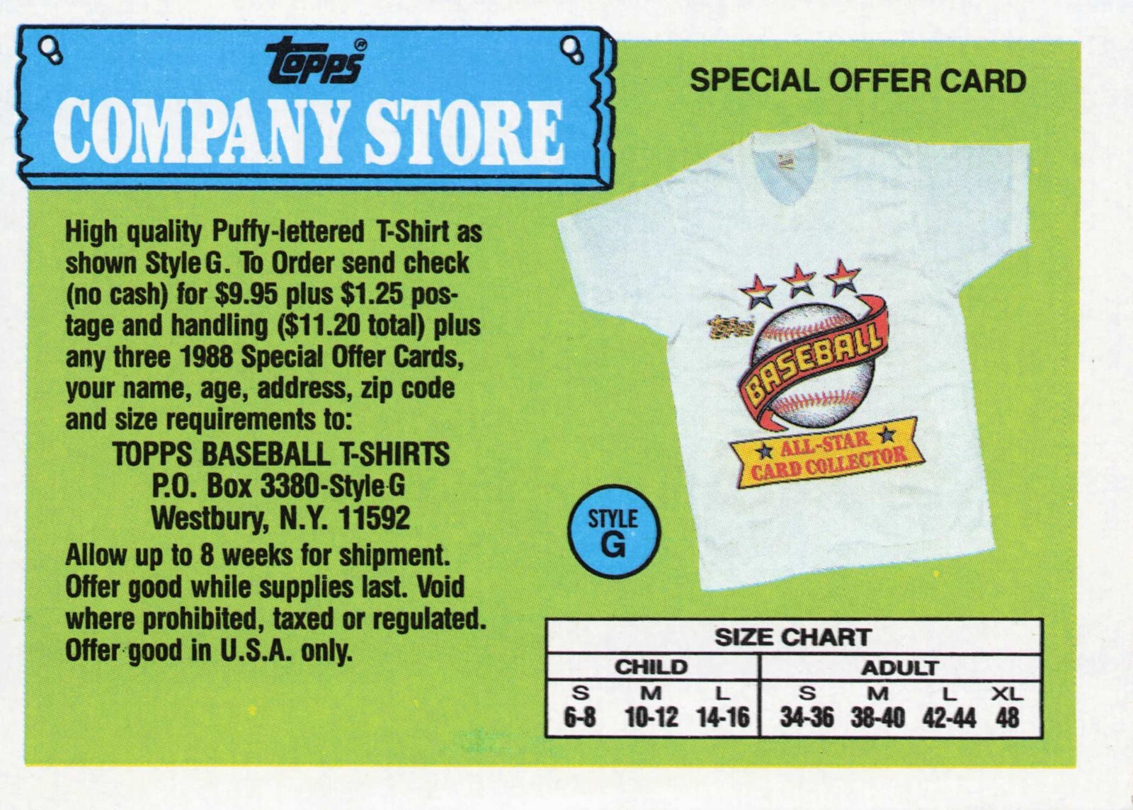 INSERT - 1988 Topps Company Store T-Shirt Style G Special Offer Card | eBay
