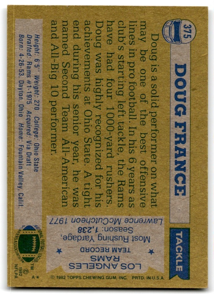 1982 Topps Doug France . Los Angeles Rams #375 | eBay