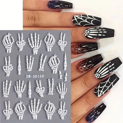 Halloween Nail Art Stickers Decals 5D Embossed Skeleton Nail Decals | eBay
