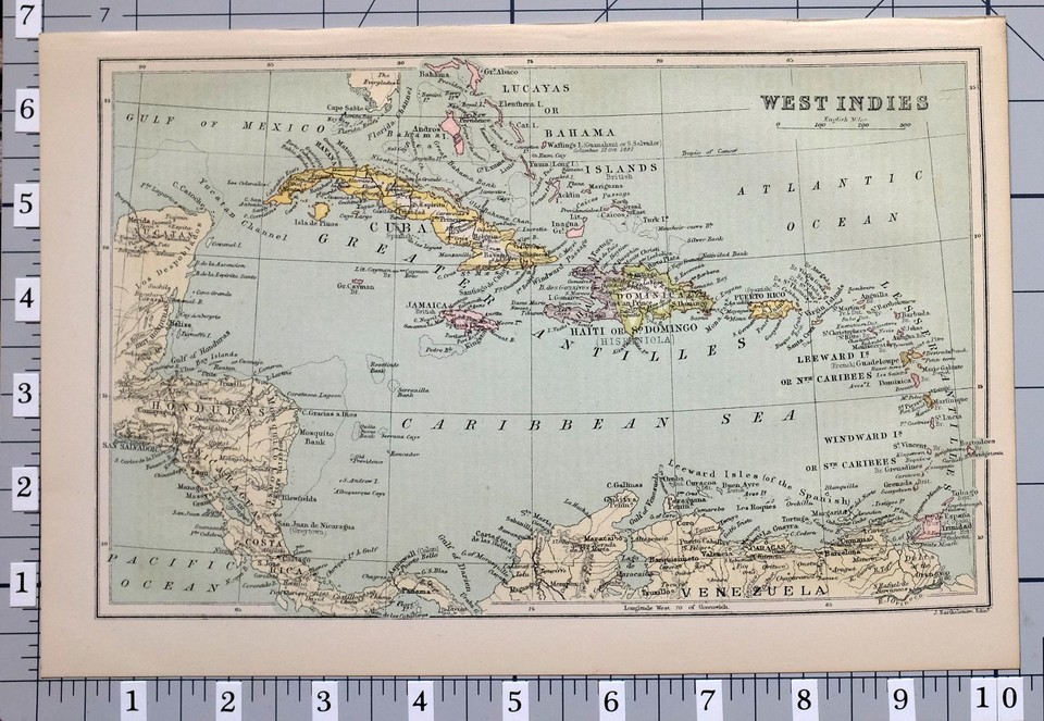 1885 MAP WEST INDIES CUBA JAMAICA HAITI BAHAMA ISLANDS PUERTO RICO ...