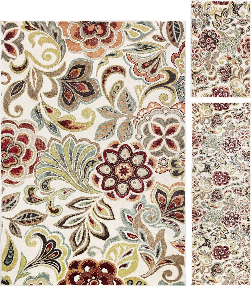 Dilek Transitional Floral Ivory 3-Piece Area Rug Set, 3-Piece Set | eBay