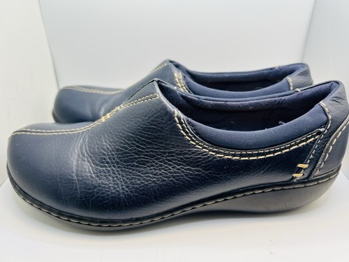 CLARKS Navy Blue Sz 7w 7 Wide Slip-On Leather Comfort Loafers Shoes ...