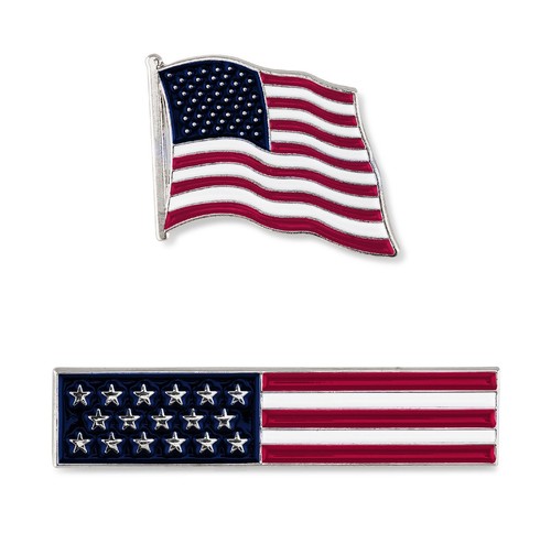 American Flag USA Lapel Pin Set - Waving Flag + Rectangle Bar - Silver ...