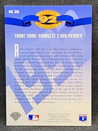 1993 Upper Deck Season Highlights #HI20 Robin Yount | eBay