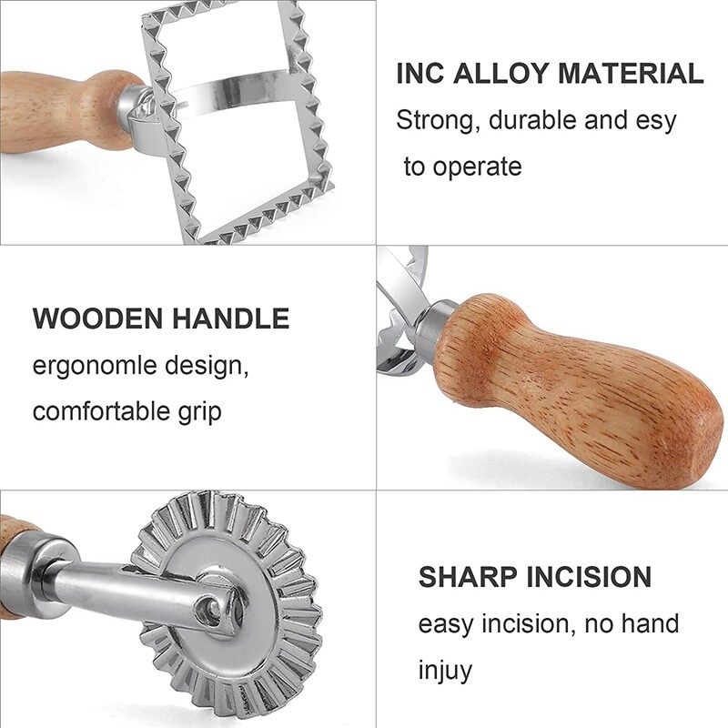 3Pcs Ravioli Stamp Maker Cutter with Roller Wheel Set,Mold with Wooden ...