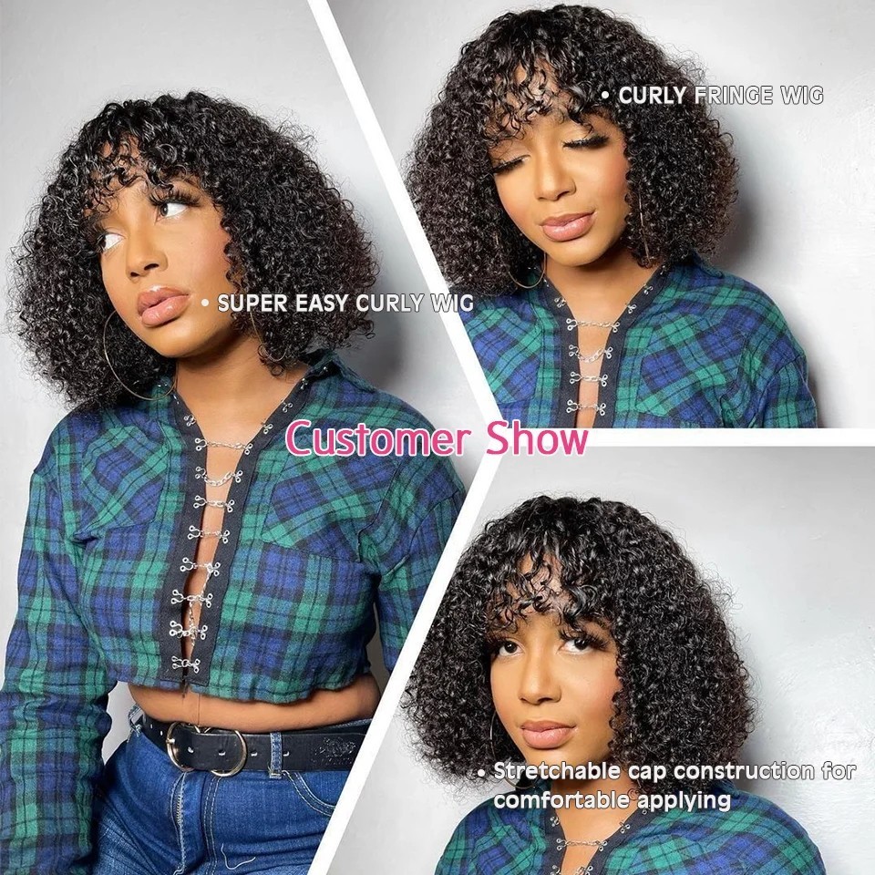 Premium Jerry Curly Short Pixie Bob Human Hair Wig With Bangs For Women ...