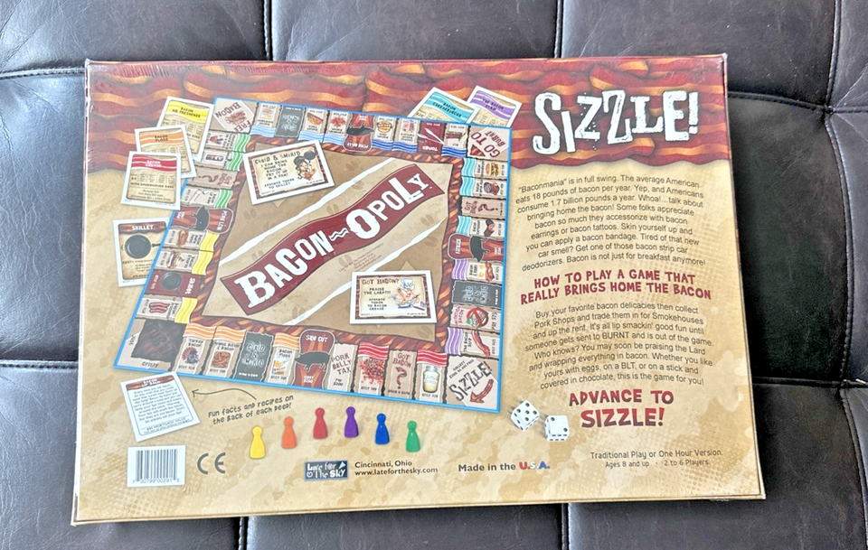 Late For The Sky Bacon Opoly Board Game COMPLETE Sealed Sizzle Family ...