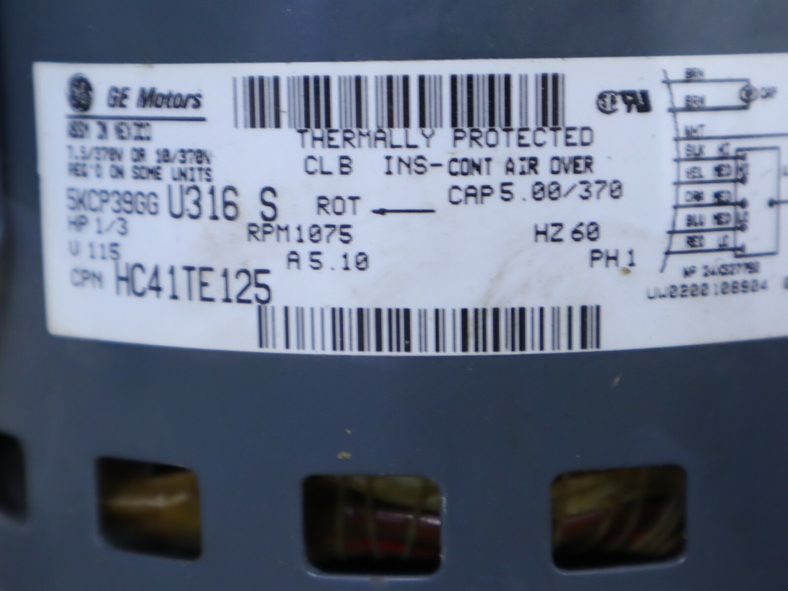 GE Genteq Motors 5KCP39GGU316S Blower Motor 1/3HP 115V 1075RPM ...