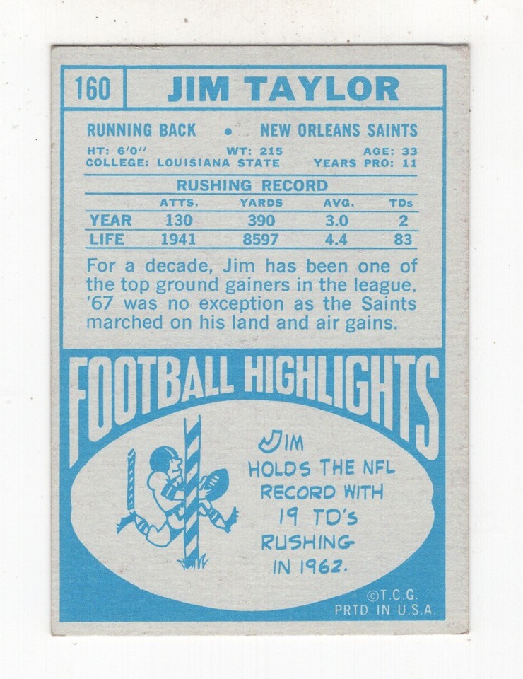 1968 TOPPS FOOTBALL JIM TAYLOR NEW ORLEANS SAINTS #160 | eBay