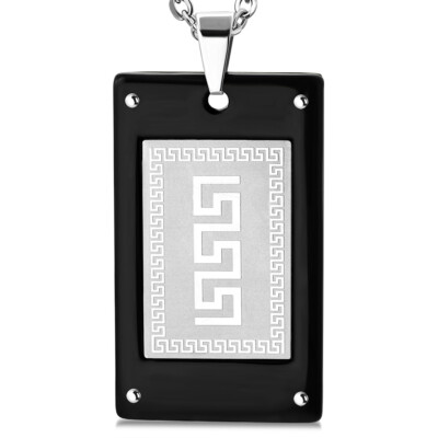 Stainless Steel Black Silver-Tone Greek Key Dog Tag Pendant Necklace ...