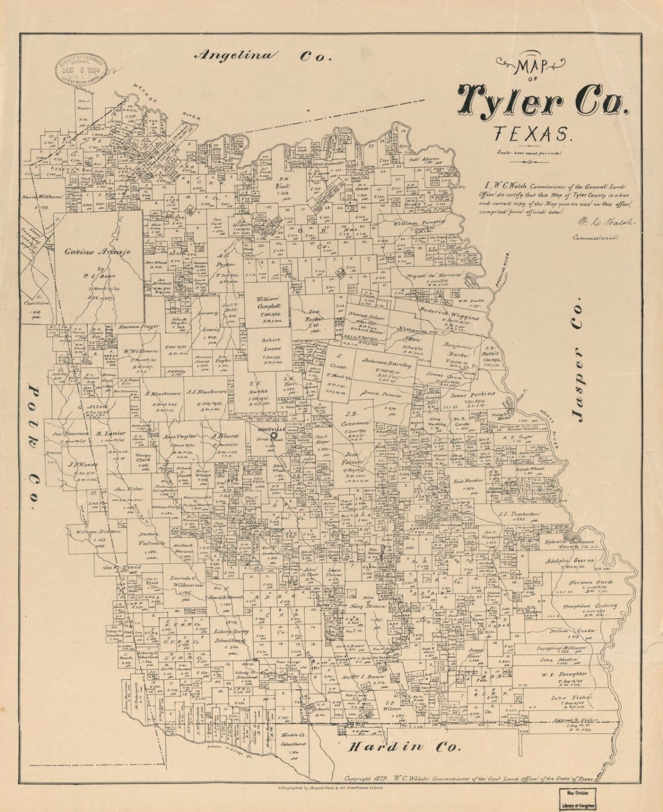 16" x 20" 1879 Map of Map of Tyler Co., Texas. - Shows land ownership ...