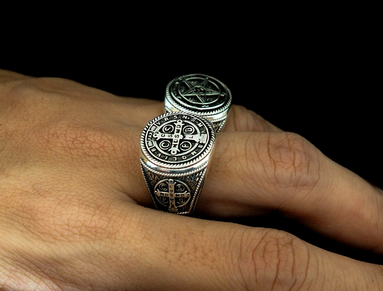 Men St Benedict Exorcism Demon Protection Ghost Hunter Ring 925 ...