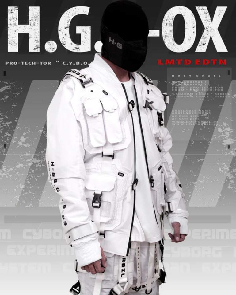 Men's Techwear White Jacket Hoodie Full Zip Buckle Holygrail H.G.B-0X ...