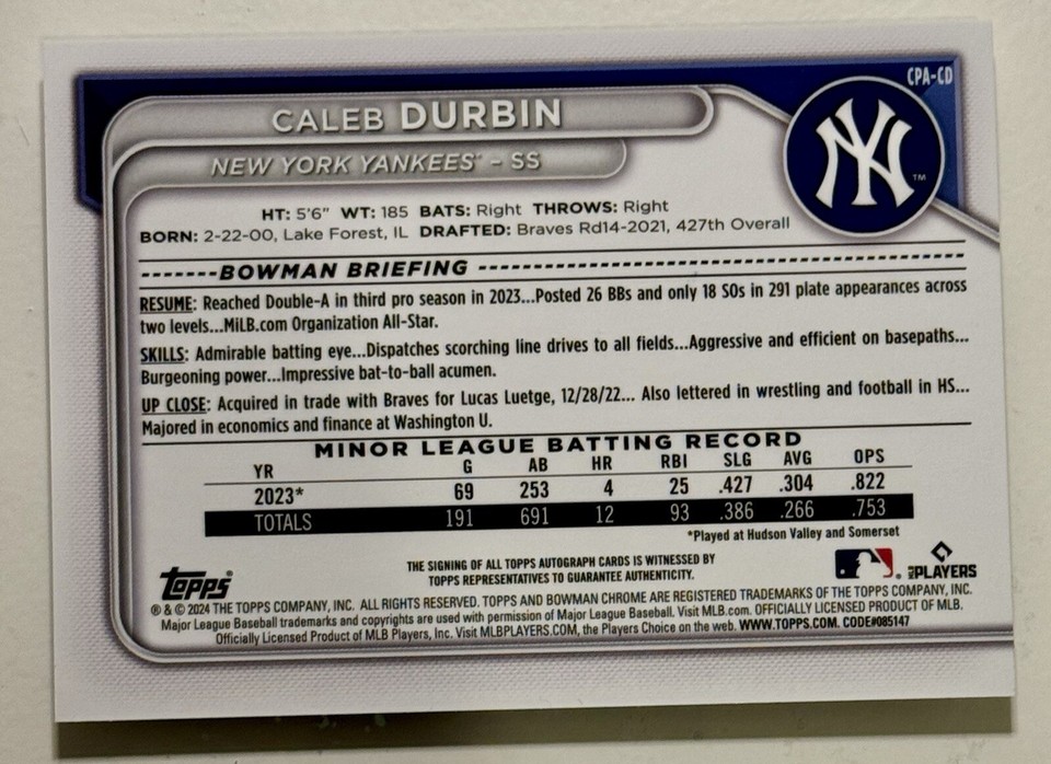 2024 Bowman Chrome Caleb Durbin 1st Auto - Yankees | eBay