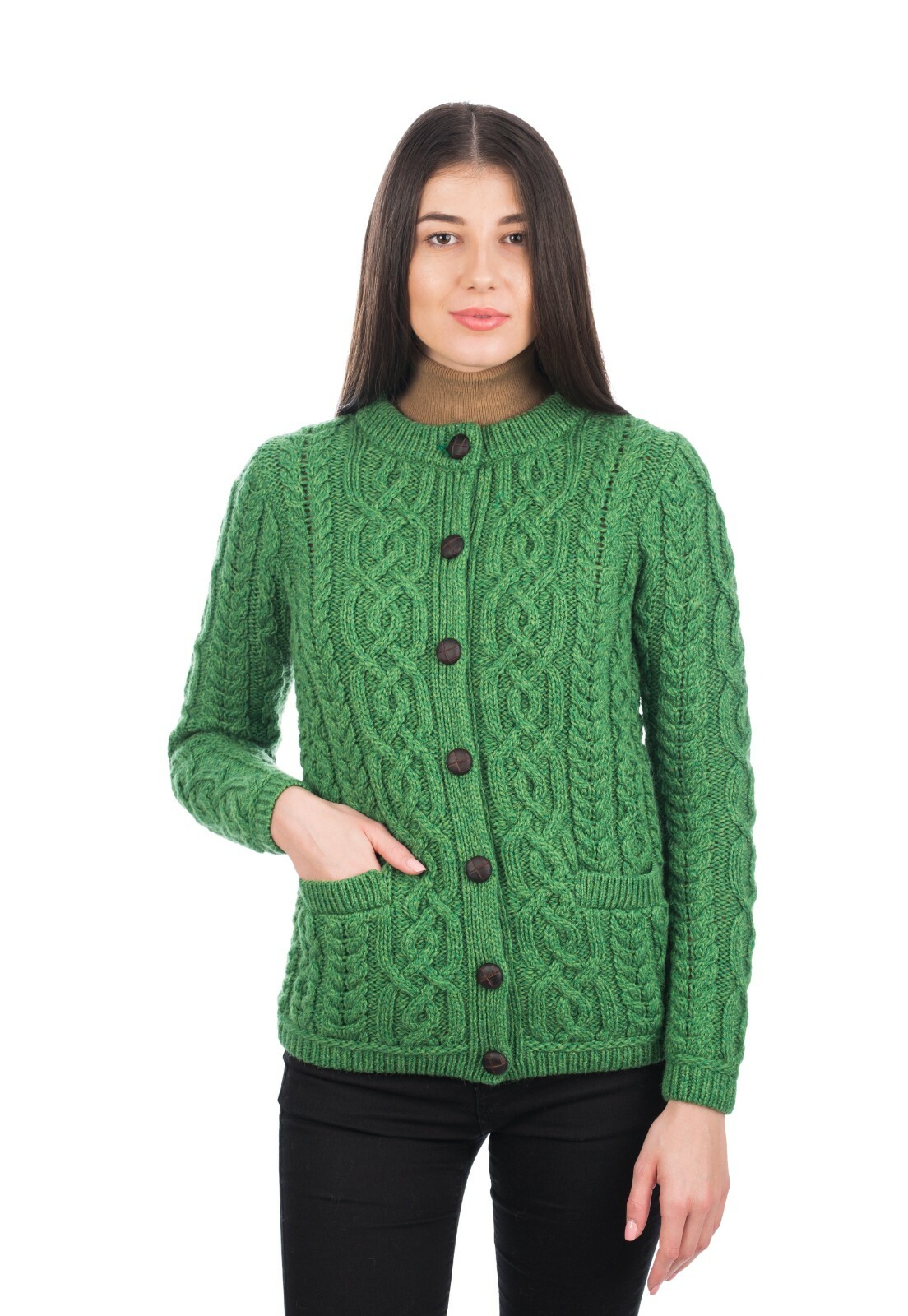 SAOL Aran Cardigan Sweater Women's 100% Merino Wool Cable Knitted ...
