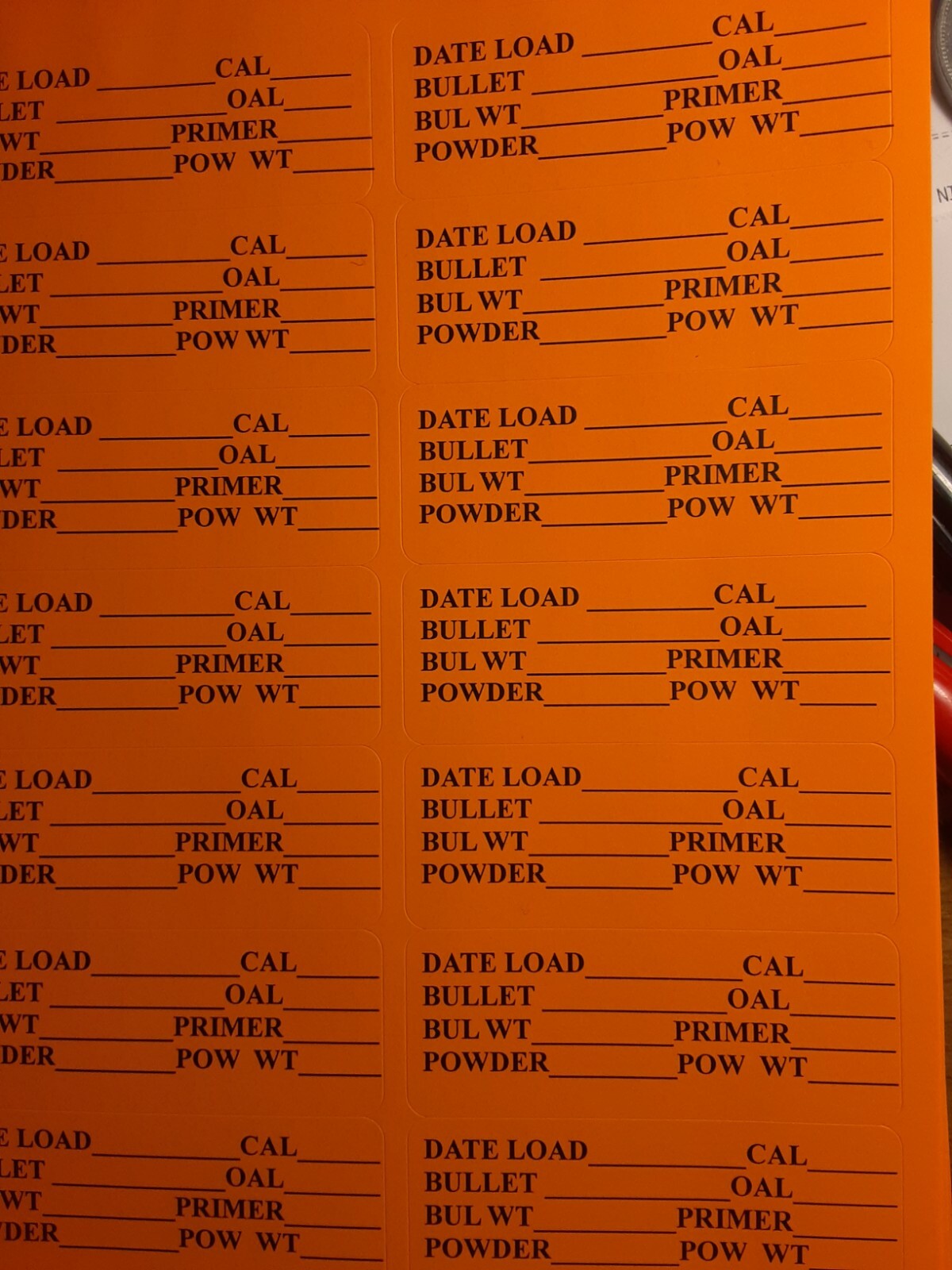 60 ORANGE Reloading Data Labels for Pistol or Rifle Ammo 30 Labels ...