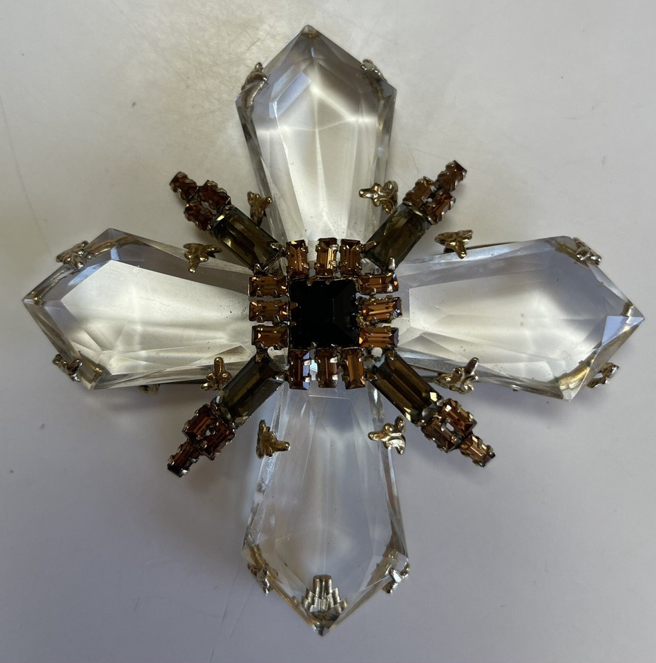 SCHREINER LARGE VINTAGE FACETED GLASS TOPAZ RHINESTONE CROSS PIN BROOCH ...