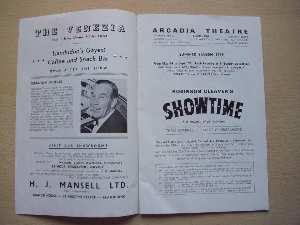 Programme Arcadia Theatre Llandudno Variety Showtime Bryan Burdon 1969 ...