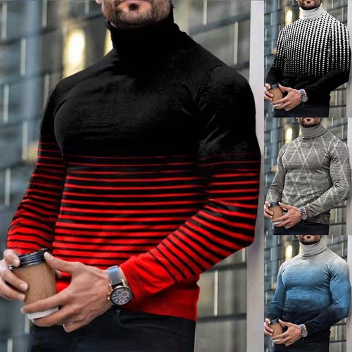 Mens Pullover Long Sleeve Polyester Print Turtleneck T-shirt Casual ...