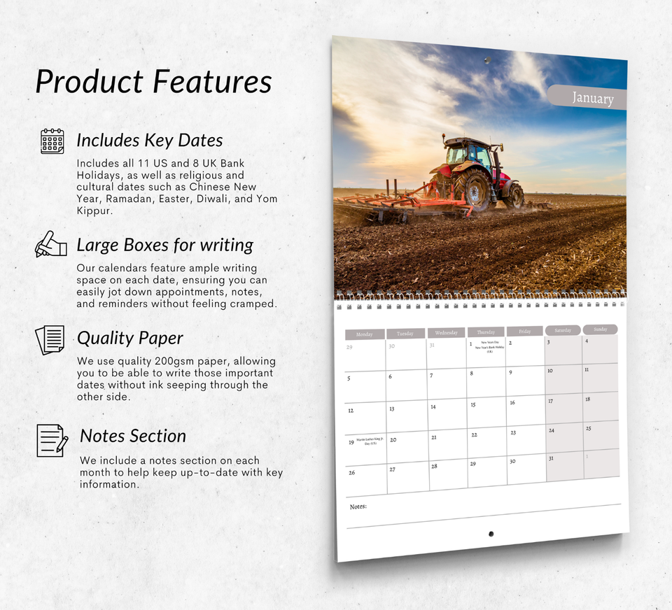 Tractors Calendar 2026: Monthly Wall Calendar with Notes, opens to A3 ...