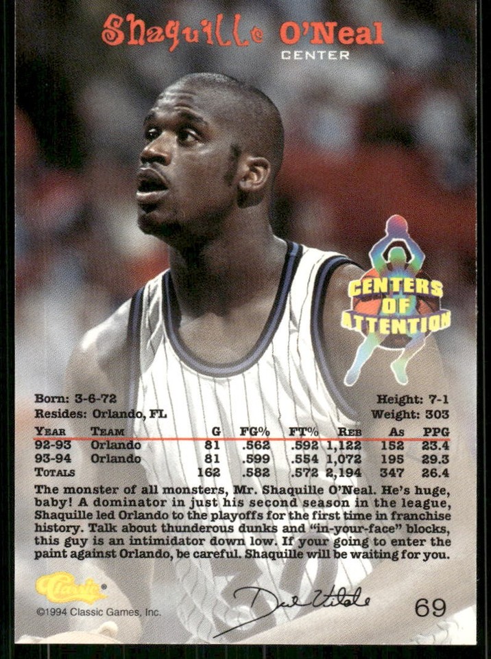 Shaquille O'Neal 1994 Classic Draft Basketball #69 - Orlando Magic | eBay