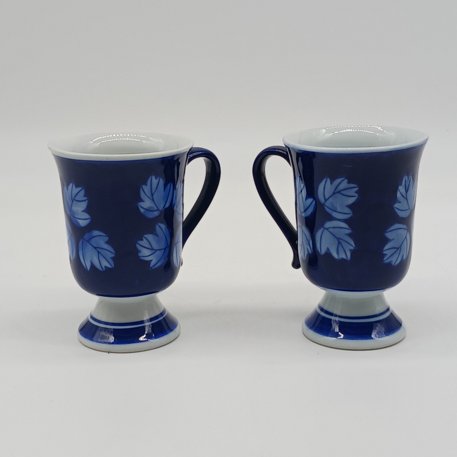 Cobalt Blue Set of 2 Latte Mug Cups Ceramic Footed Stripe Leaf by ...