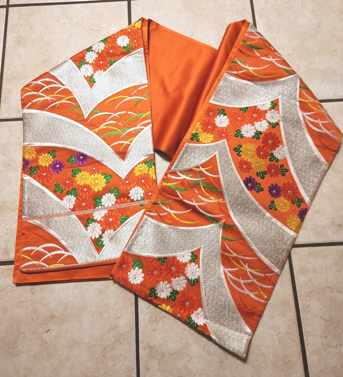 13 Foot Large Table Runner Orange Floral Embroidered Accent Cloth 162 ...