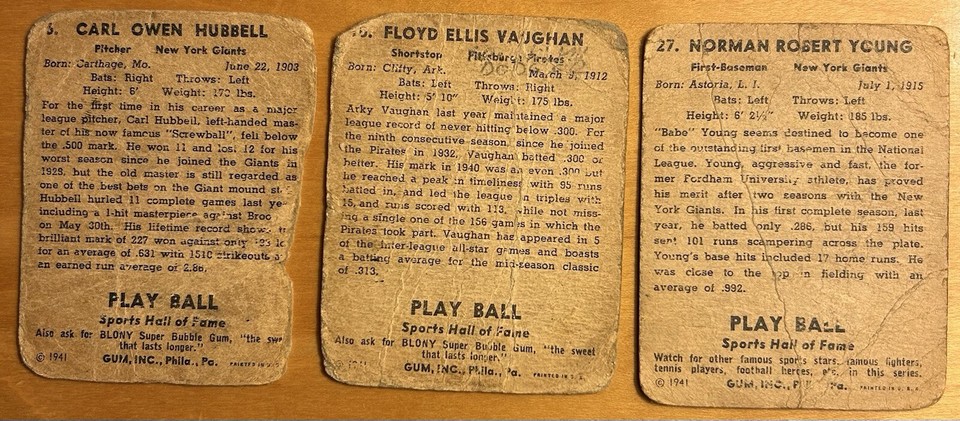 Play Ball 1941 Cards 6, 10 & 27 Two HOF Players | eBay