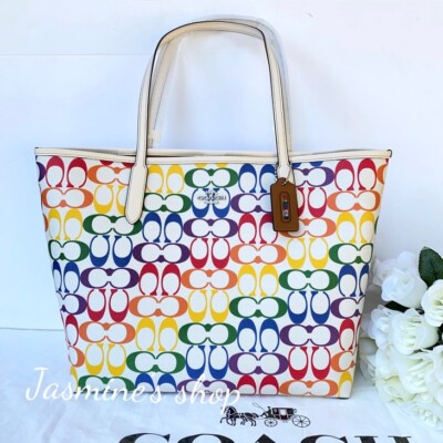 NWT Coach C4181 City Tote In Rainbow Signature Canvas & Leather Chalk Multi | eBay