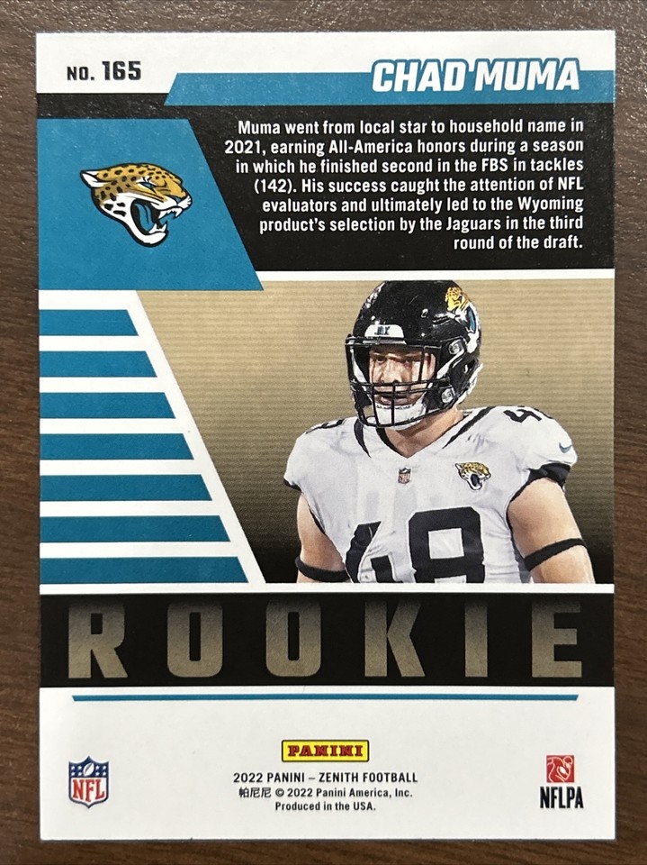 Chad Muma Rookie 2022 Panini Zenith #165 Jacksonville Jaguars Football ...