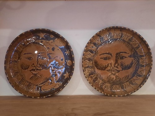 Studio Pottery Plates Sun Face Moon Devon Slipware Sgraffito Astrology ...