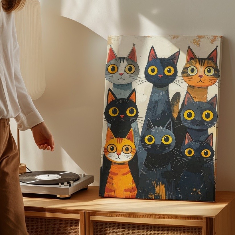 Wall Art Curious Cat Assembly Canvas Whimsical Group Feline Some ...