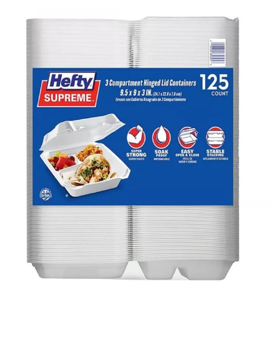 Hefty Supreme Foam Hinged Lid Container, 3-Compartment (125 ct.) | eBay