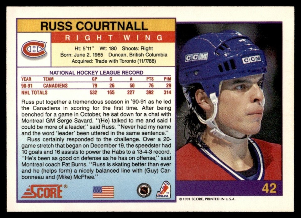 1991-92 Score American #42 Russ Courtnall Montreal Canadiens | eBay