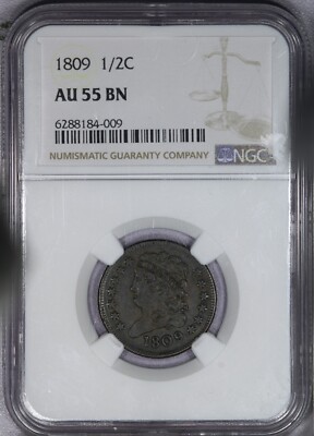 1809 Classic Head Half Cent NGC AU55 BN - 1809/6 1809 over inverted 9 ...