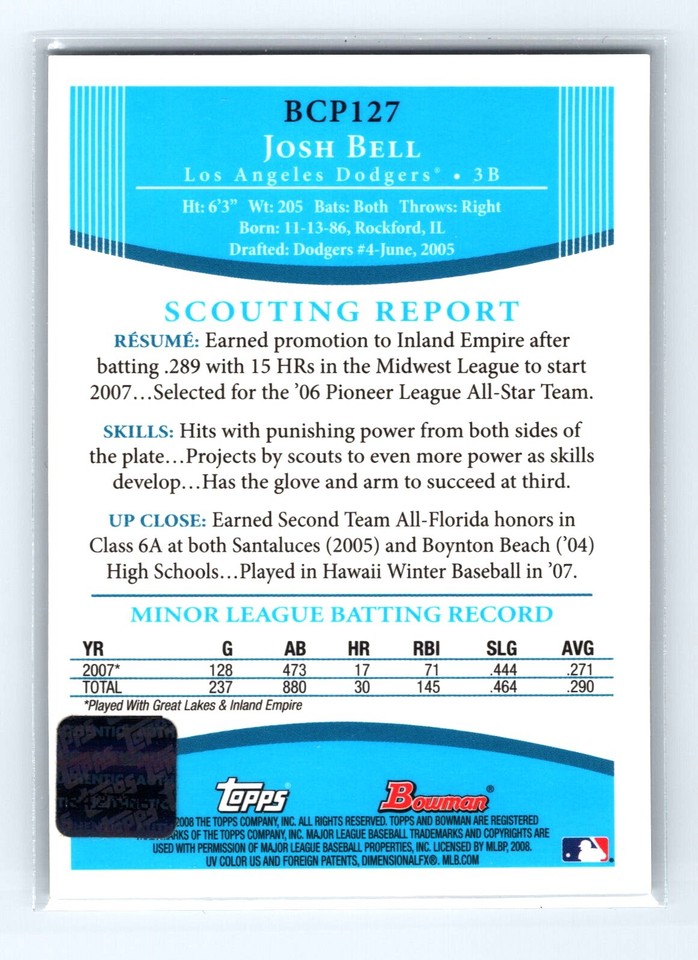 2008 Bowman #BCP127 Josh Bell Autograph Auto Los Angeles Dodgers Card ...