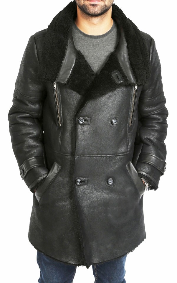 Mens Genuine Sheepskin Reefer Coat 3/4 Long Double Breasted Shearling ...