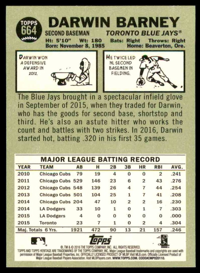 2016 Topps Heritage Darwin Barney #664 (73688) | eBay